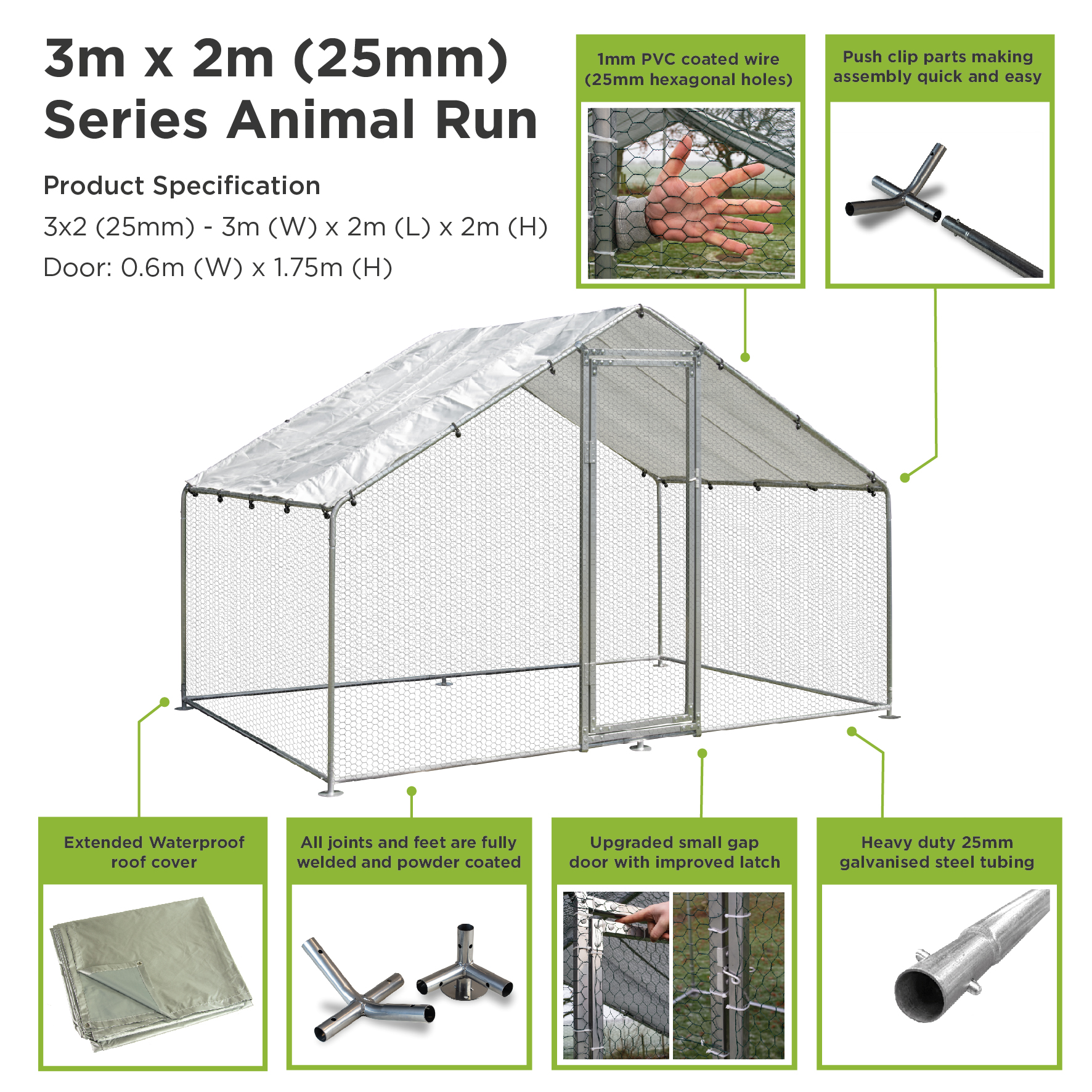 Alphapet® 3m x 2m (25mm) Walk In Galvanised Steel Chicken Run Coop ...