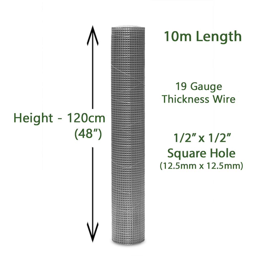 19 Gauge - 10m (120cm Wide) - 1/2" x 1/2" Hole Galvanised Welded Wire ...