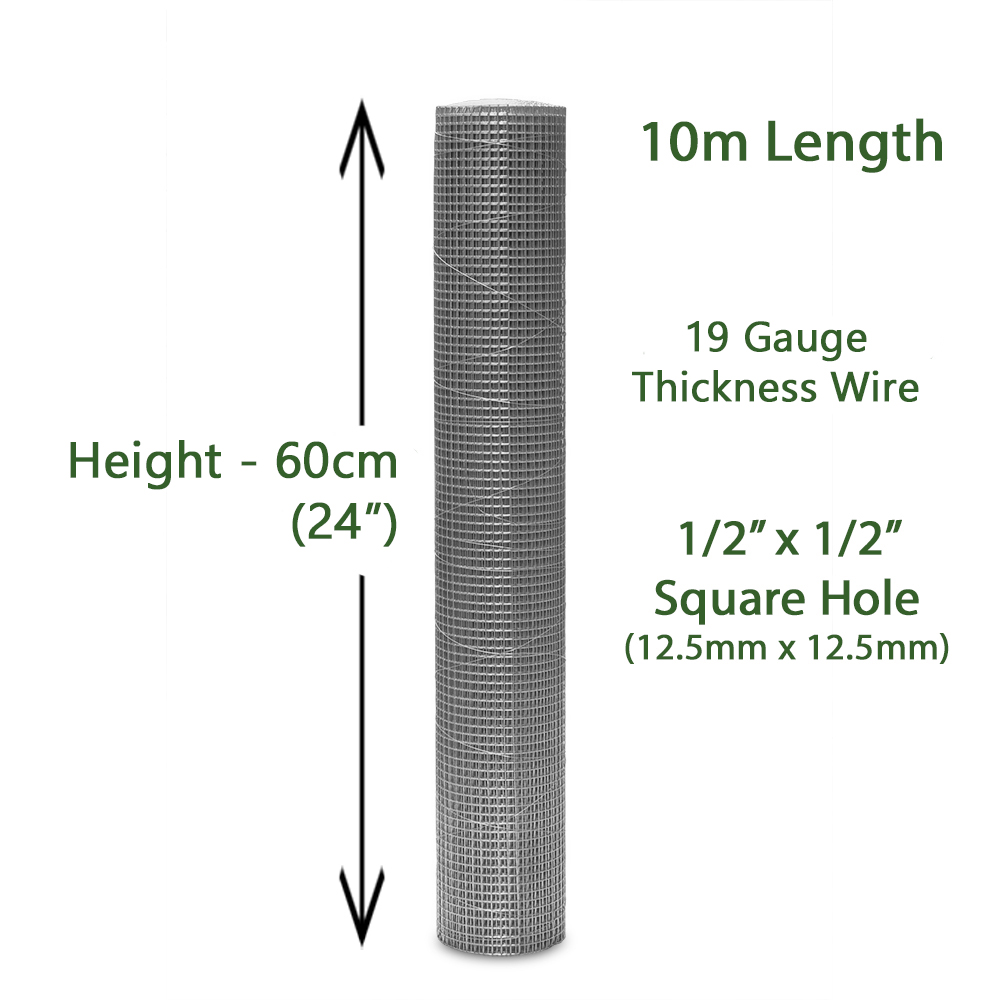 19 Gauge - 10m (60cm Wide) - 1/2" x 1/2" Hole Galvanised Welded Wire ...